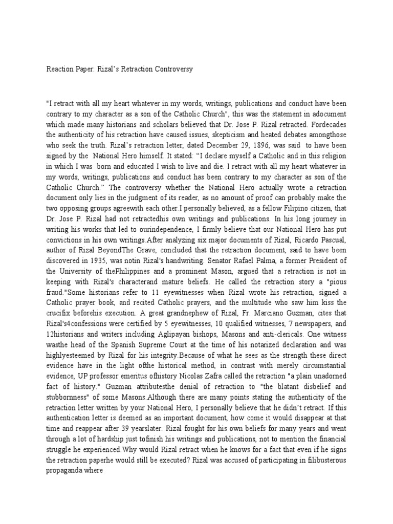 Reaction Paper-Did Rizal Retract | PDF