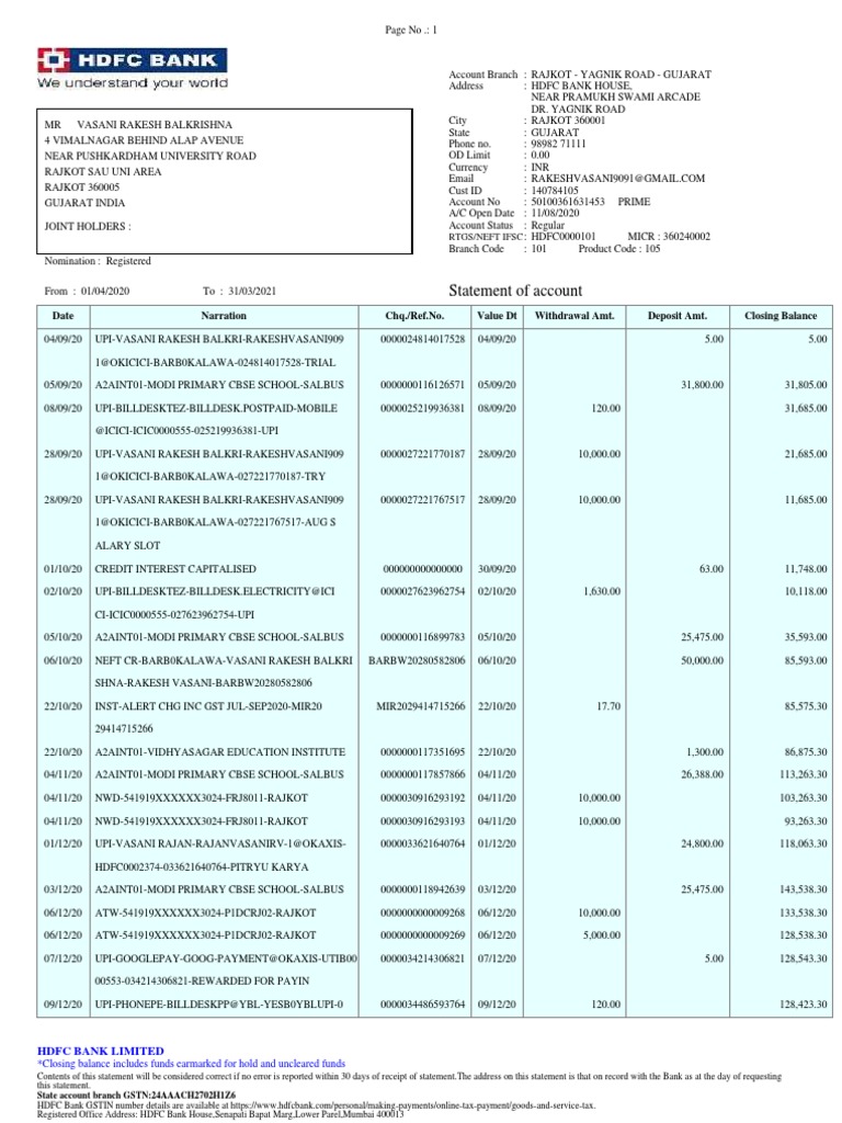 Statement of Account: Date Narration Chq./Ref - No. Value DT Withdrawal ...