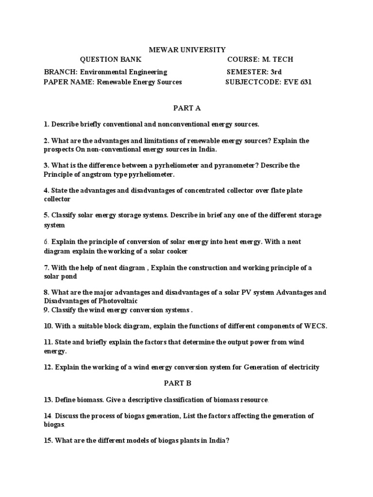 Renewable Energy Sources Question Bank | PDF | Renewable Energy ...