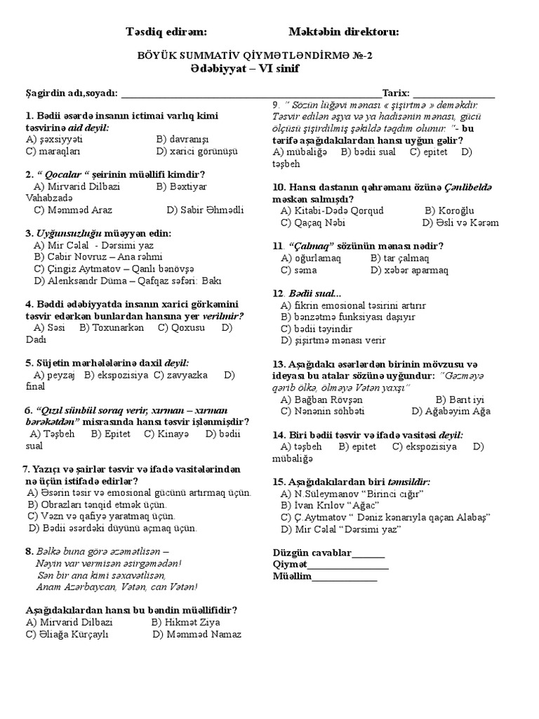 Edebiyyat 6 Ci Sinif BSQ-2 | PDF