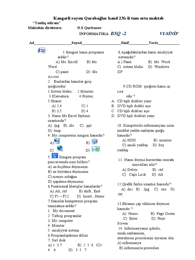 BSQ - 2 İnformatika VI Sinif | PDF
