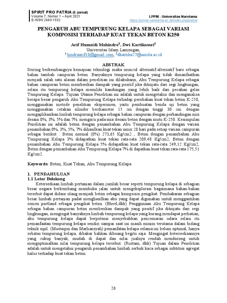 Pengaruh Abu Tempurung Kelapa Sebagai Variasi Komposisi Terhadap Kuat Tekan Beton K250 | PDF