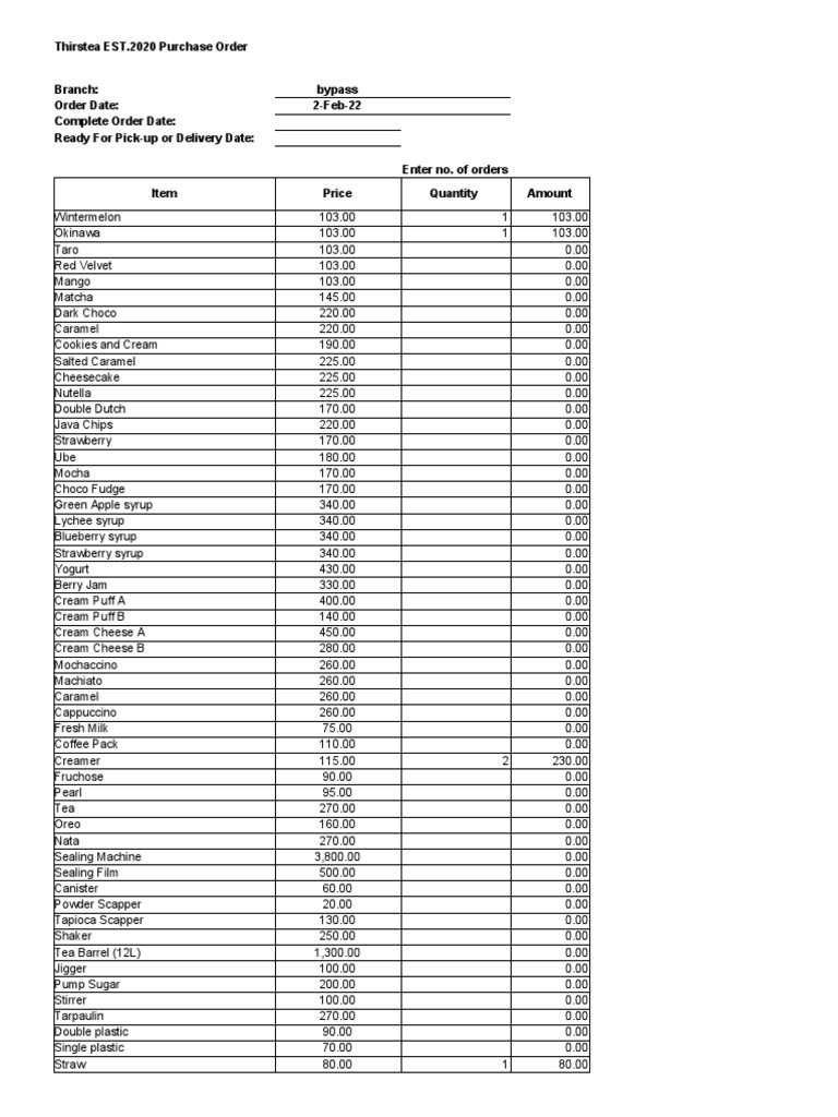 2revised Oct 2021 Thirstea Purchase Order Sheet Finaleeeee 1 | PDF ...