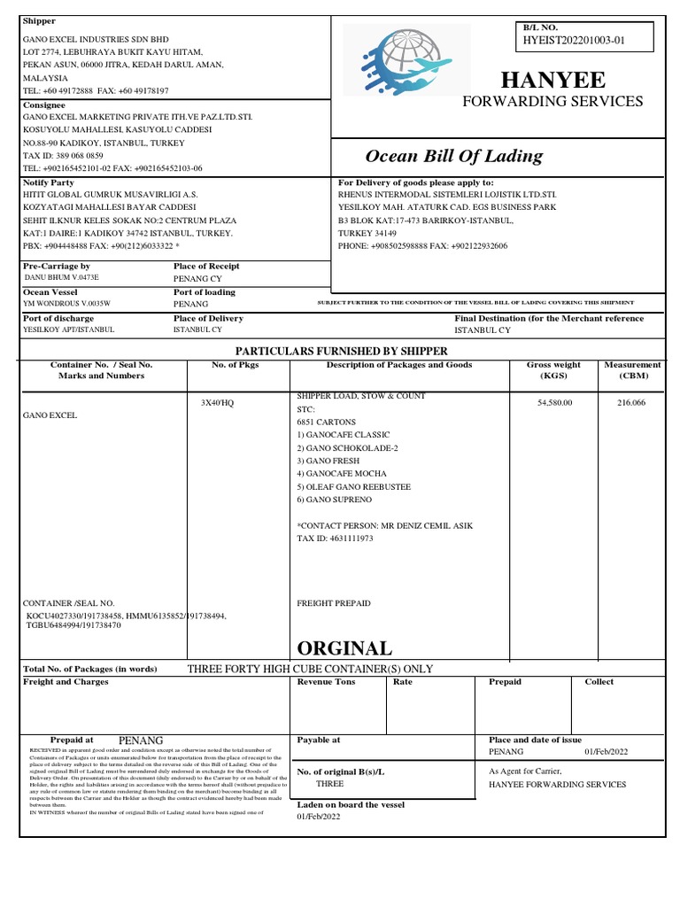 Hanyee: Ocean Bill of Lading | PDF | Bill Of Lading | Indemnity