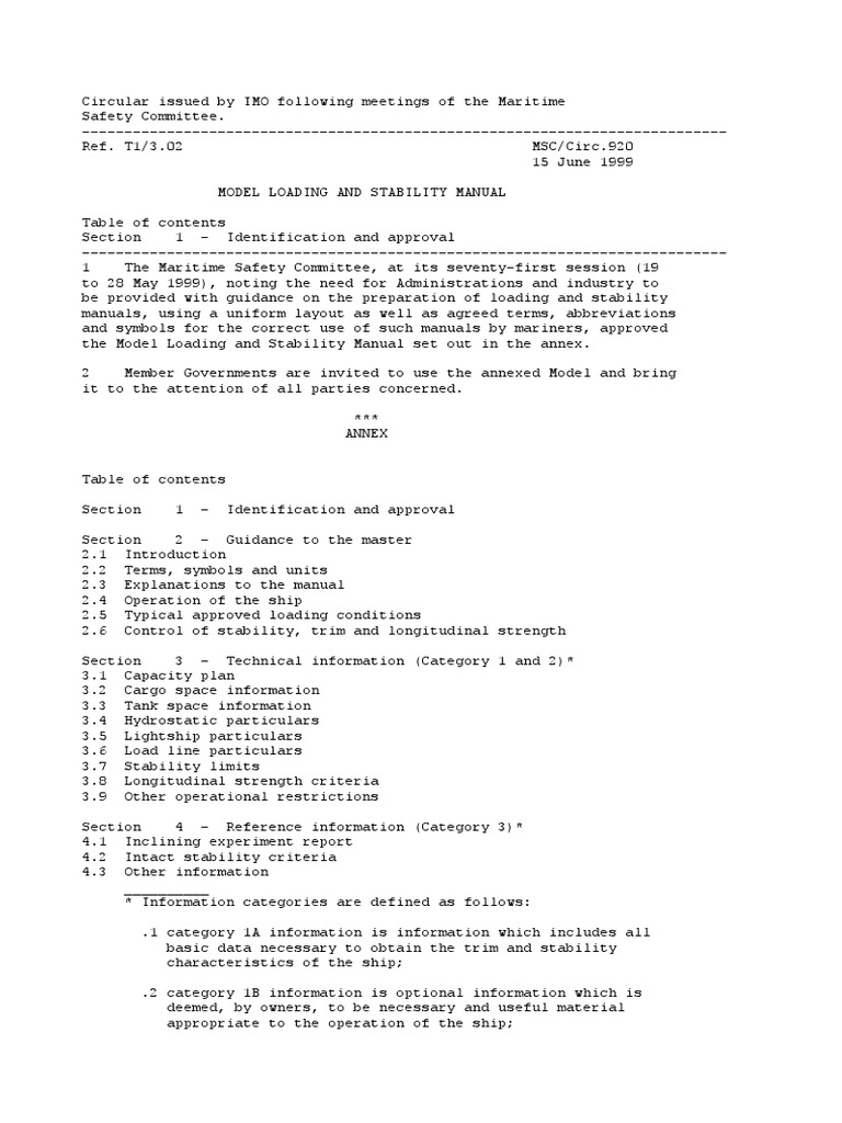 MSC 920 Stability Model Booklet | Download Free PDF | Ships | Buoyancy
