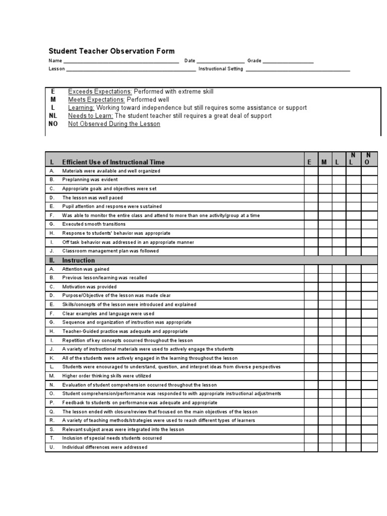 Student Teacher Observation Form | PDF | Teachers | Reading Comprehension