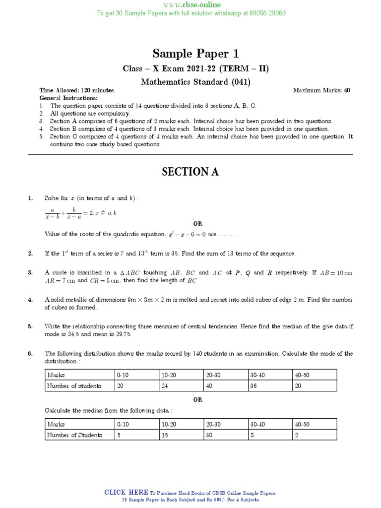 Sample Paper 1: Class - X Exam 2021-22 (TERM - II) Mathematics Standard ...