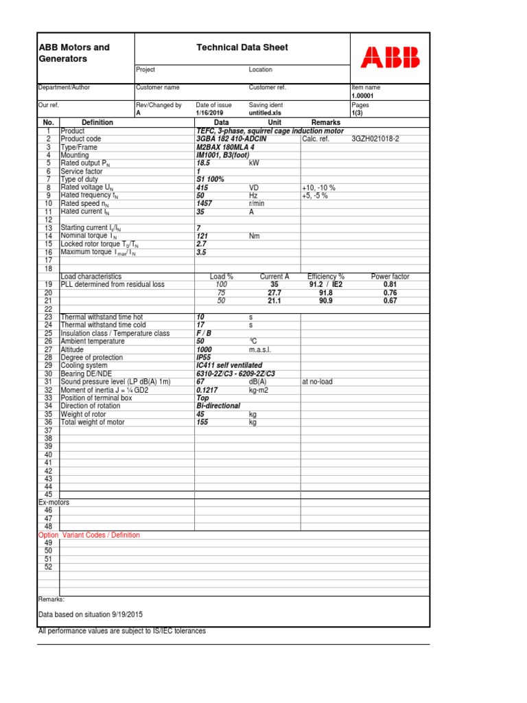 ABB Motors and Technical Data Sheet Generators: No. Data Unit Remarks ...