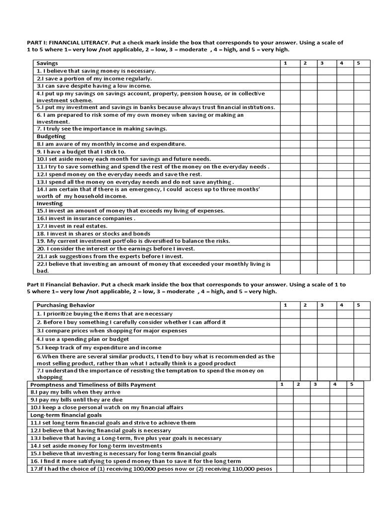 Financial Literacy and Behavior Survey | PDF | Investing | Saving