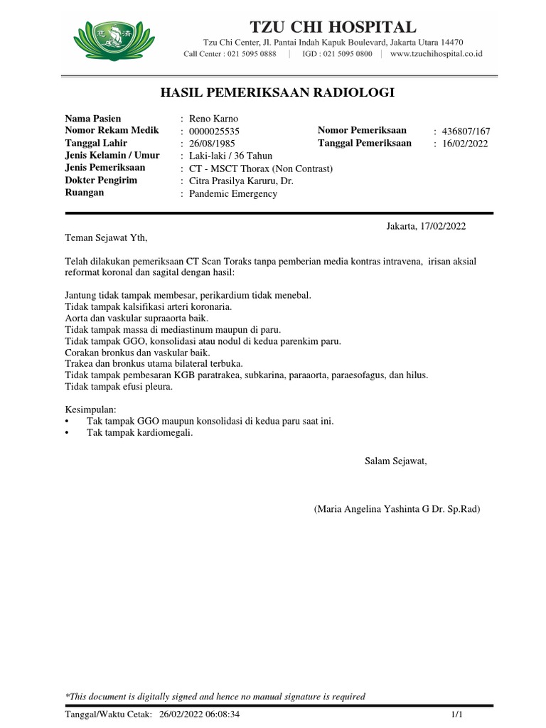 Radiology Result Reno Karno CT - MSCT Thorax | PDF