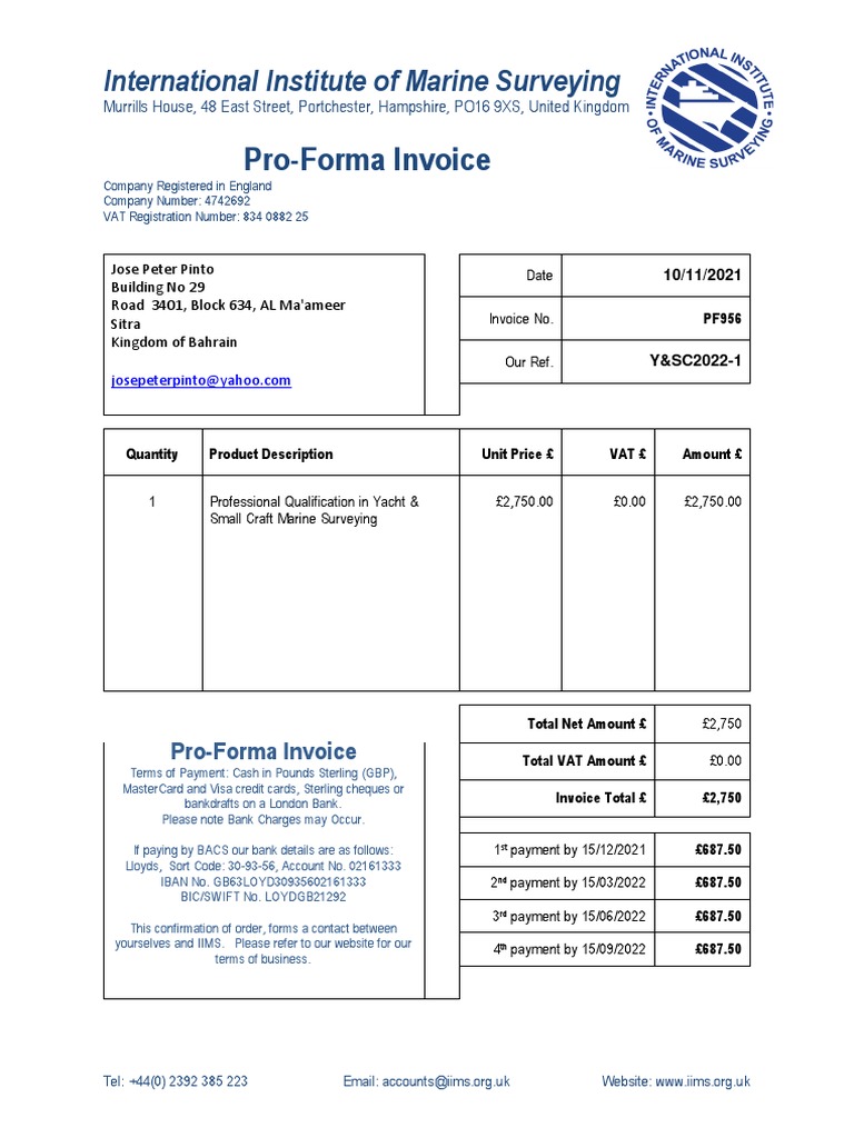 Pro-Forma Invoice: International Institute of Marine Surveying | PDF