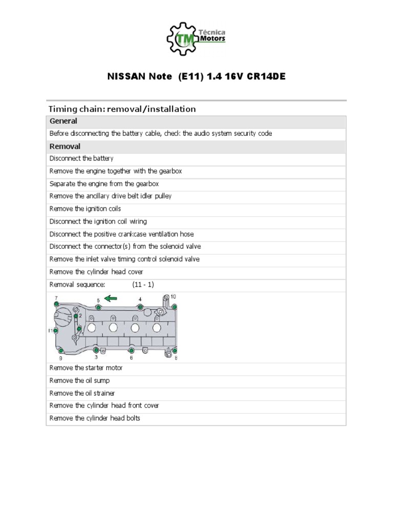 NISSAN Note (E11) 1.4 16V CR14DE: Timing Chain: Removal/installation ...