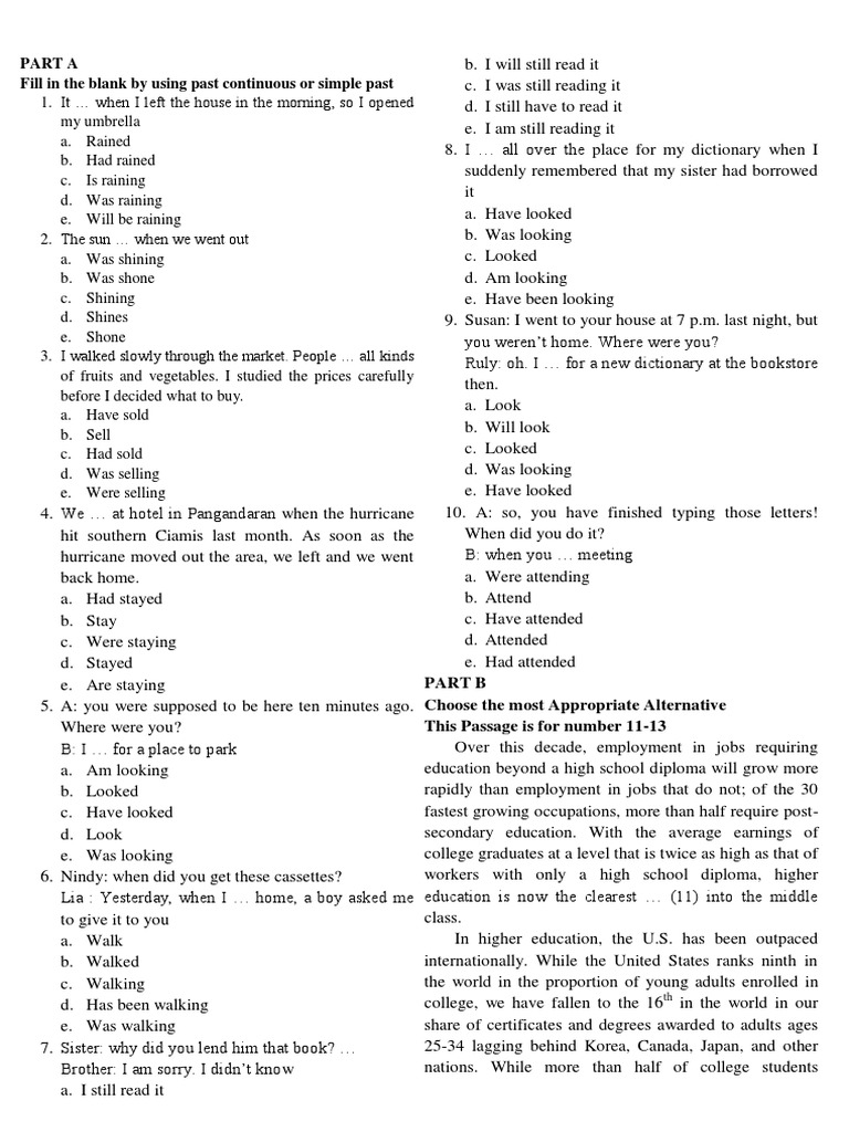Part A Fill in The Blank by Using Past Continuous or Simple Past | PDF ...