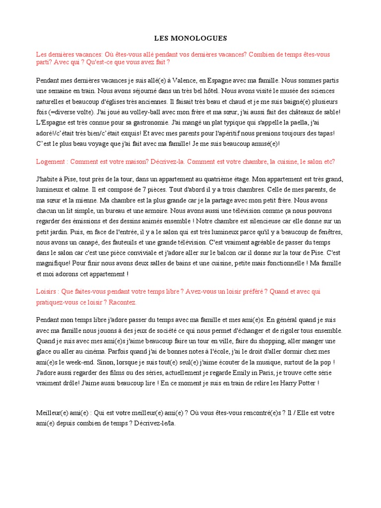 Monologues DELF A2 | PDF