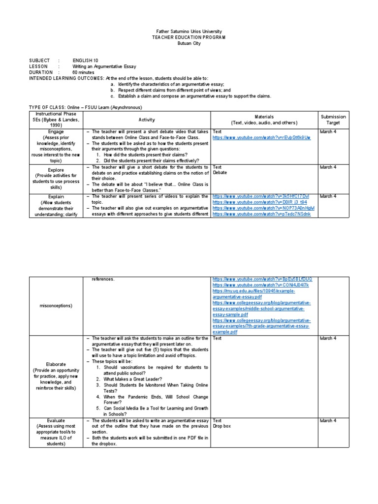 5es Lesson Plan On Writing An Argumentative Essay (Online Learning ...