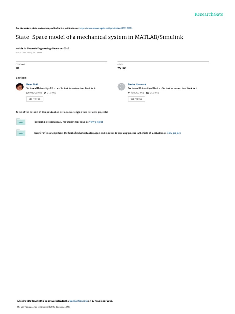 State-Space Model of A Mechanical System in MATLAB/Simulink: Procedia ...