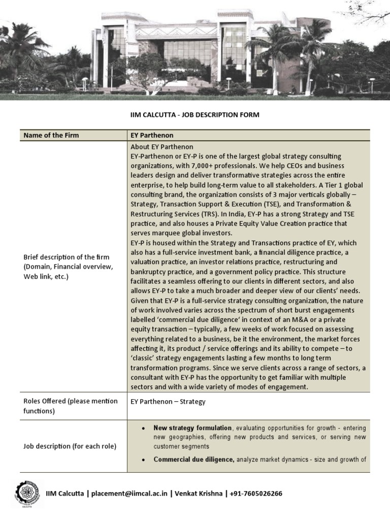 Iim Calcutta - Job Description Form Name of The Firm EY Parthenon | PDF ...