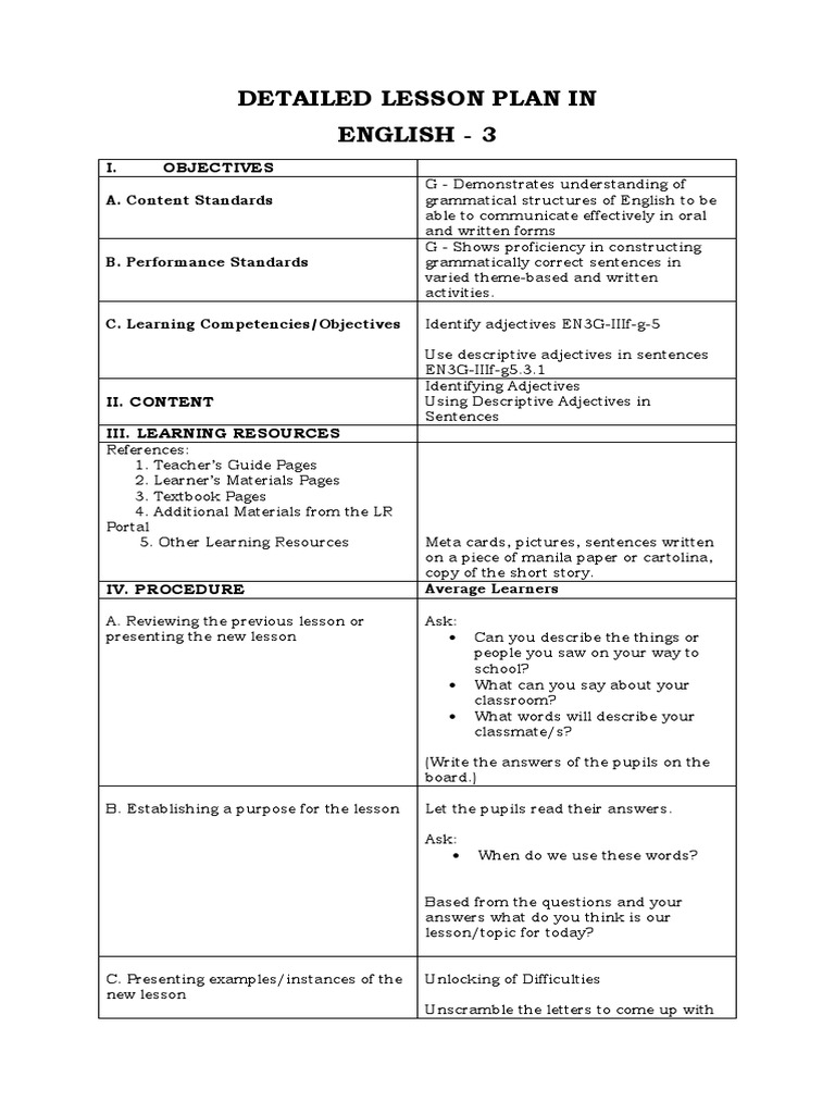 Detailed Lesson Plan in English - 3: I. Objectives | PDF | Lesson Plan ...