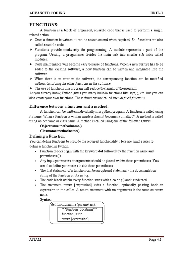 Functions:: Difference Between A Function and A Method | PDF | Parameter (Computer Programming ...