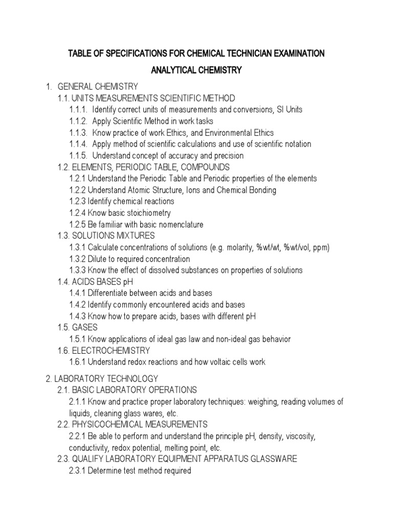 Table of Specifications For Chemical Technician Examination | PDF ...