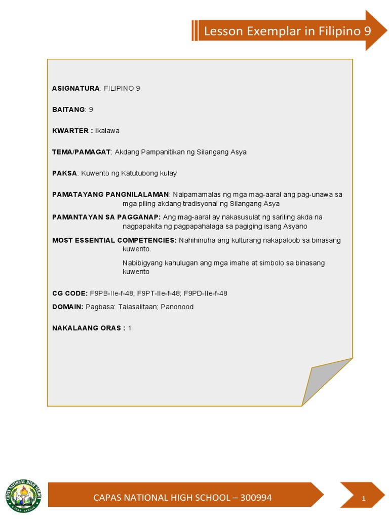 LESSON EXEMPLAR Filipino 2.413 | PDF