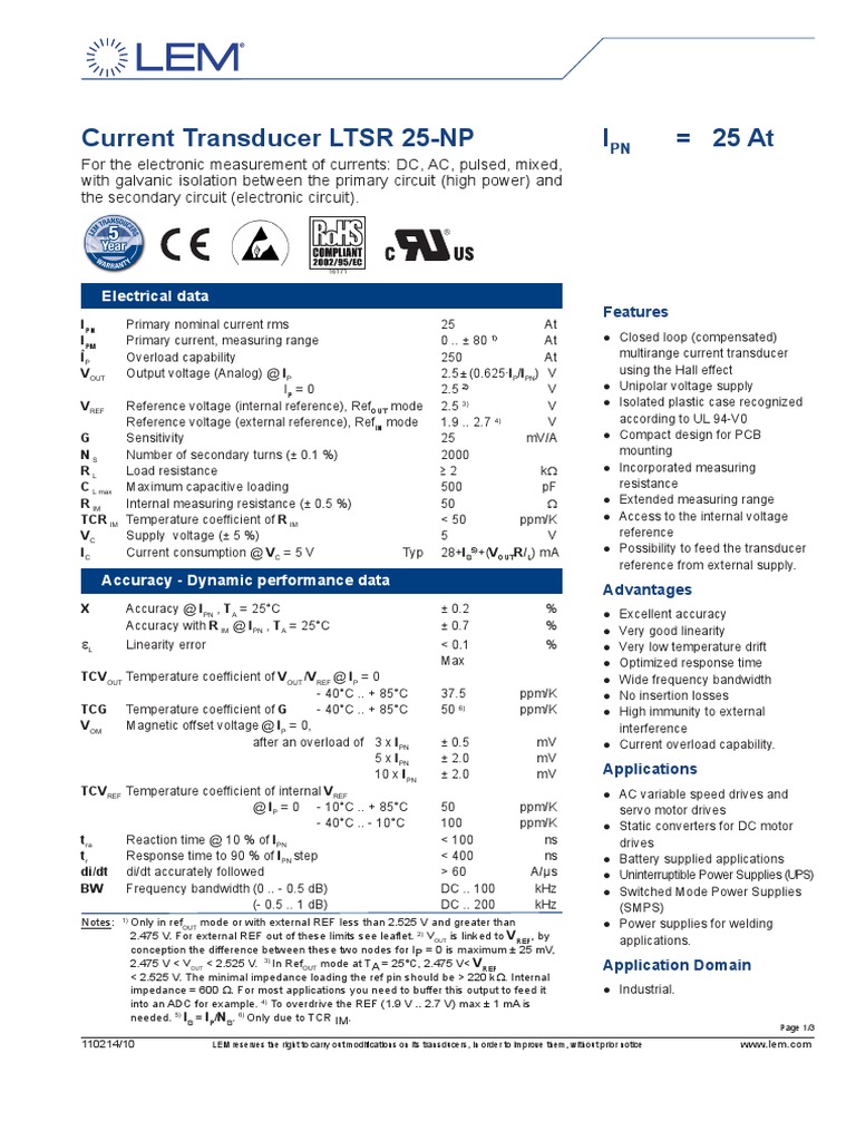 Current Transducer LTSR 25-NP I 25 at | PDF | Power Supply | Electric Motor