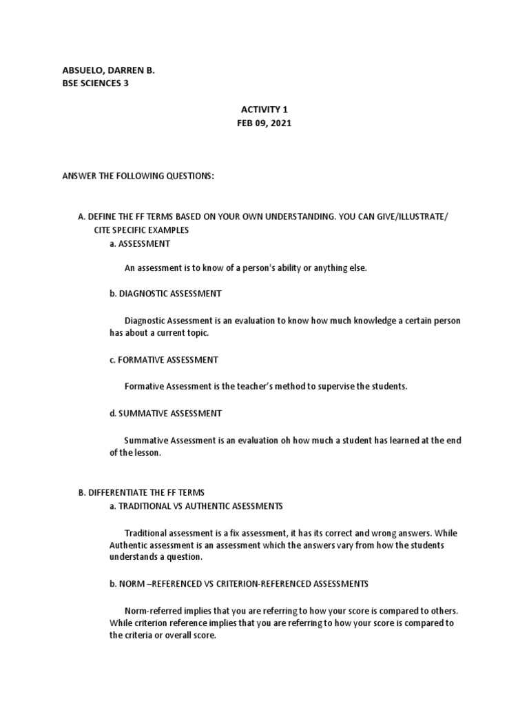 Educ 62 Activity 1 (Absuelo, Darren B.) | PDF | Educational Assessment | Evaluation