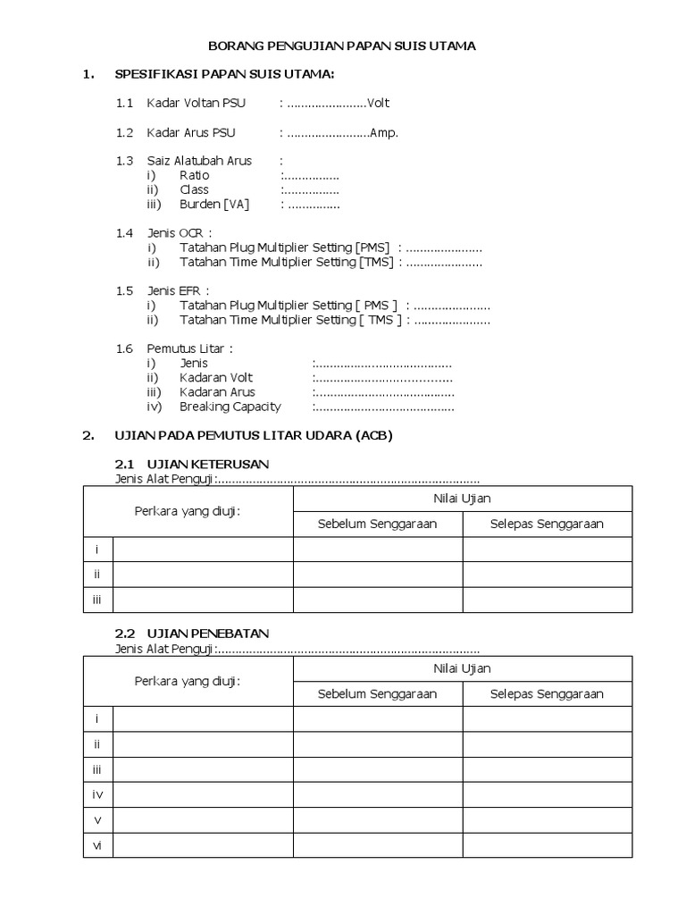 Borang Pengujian Papan Suis Utama | PDF