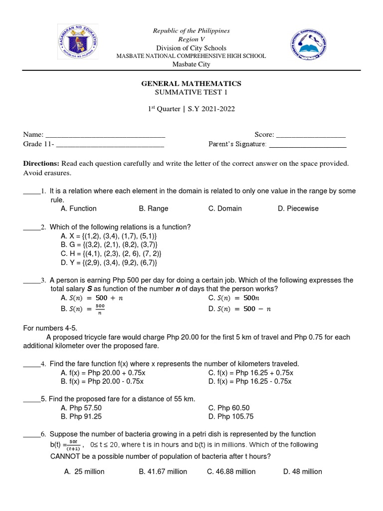 Grade 11 General Math Summative Test 1 | PDF | Function (Mathematics ...