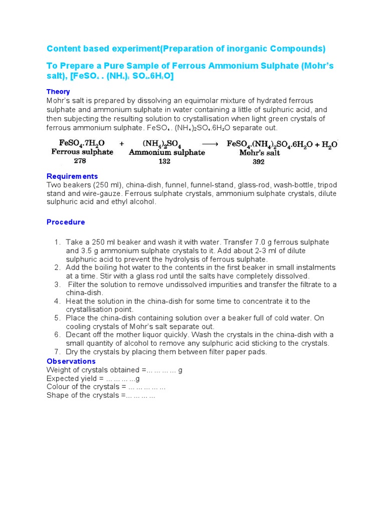 Content Based Experiment (Preparation of Inorganic Compound) | PDF ...