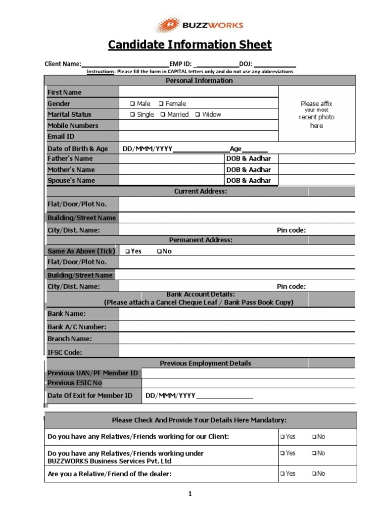 New Candidate Information Sheet-BUZZ WORKS | PDF | Government And ...