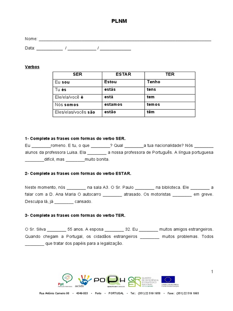 Verbos Ser-Estar-Ficha de Trabalho | PDF | Portugal