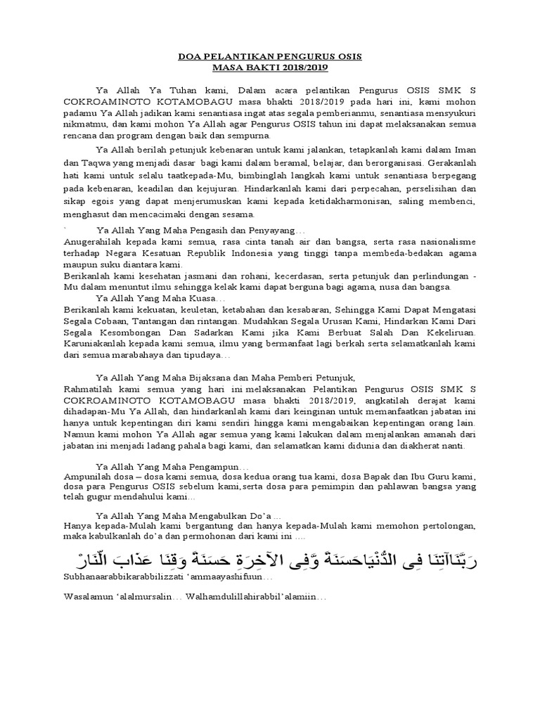 Doa Pelantikan Pengurus Osis | PDF | Pengembangan Diri