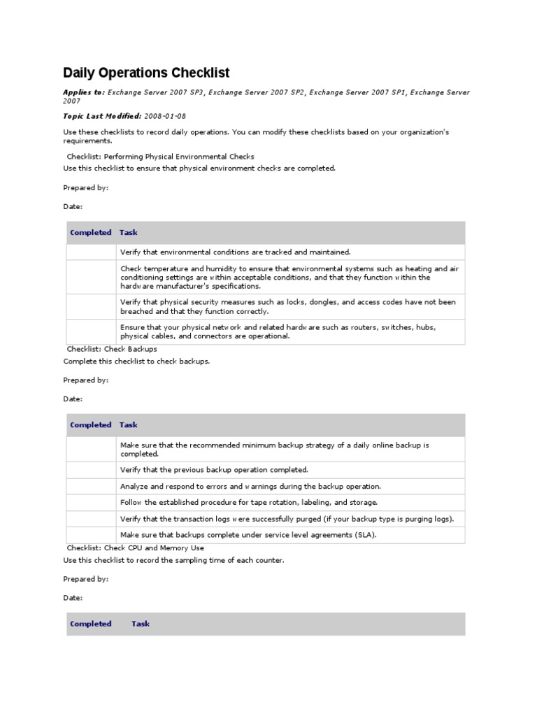 Daily Operations Checklist Exchange 2007 | PDF | Backup | Internet ...