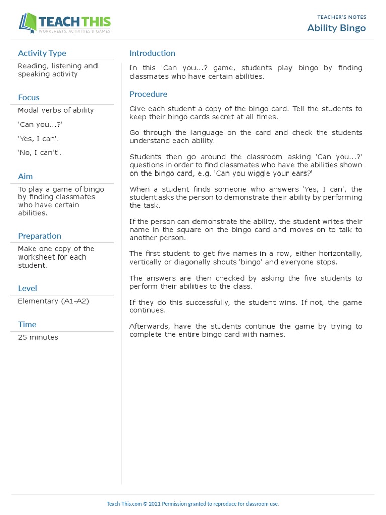 Ability Bingo: Activity Type | PDF | Human Communication | Cognition