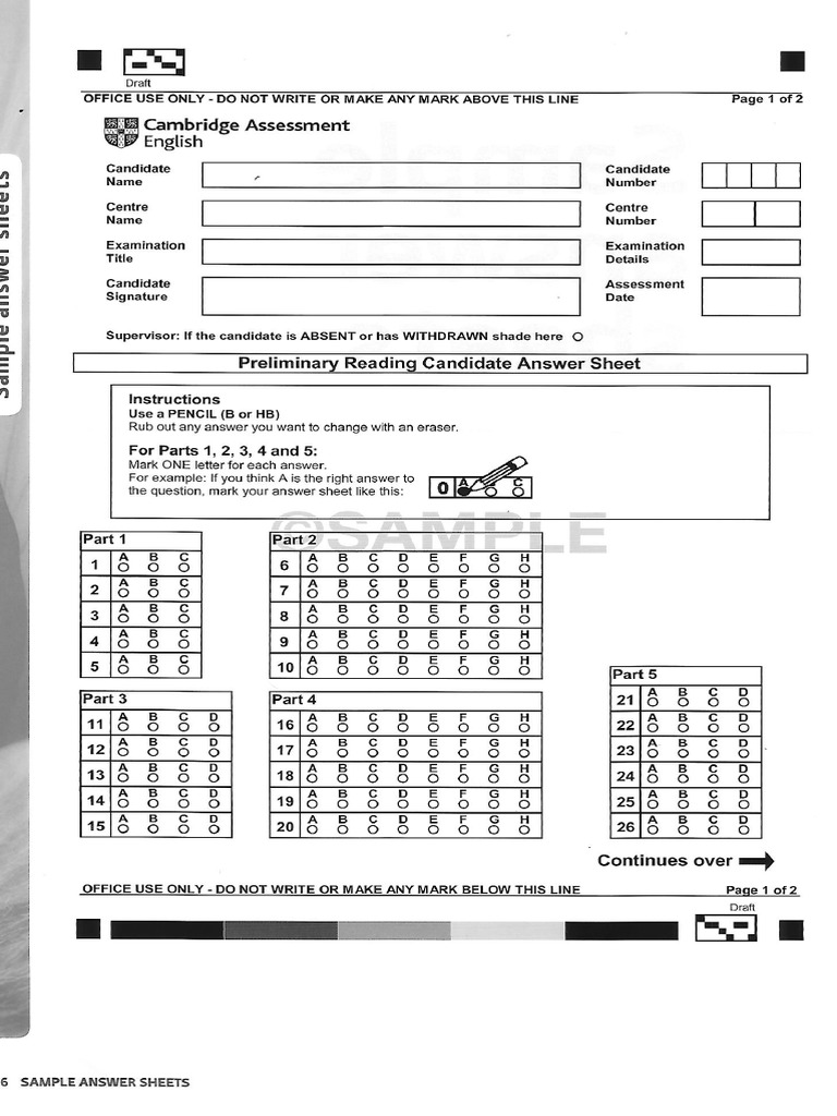 Simulacro B1 - Hojas de Respuesta - READING Parts 1-5 | PDF