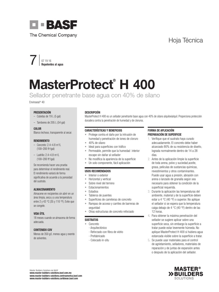 Masterprotect H 400 Tds | PDF | Agua | Hormigón