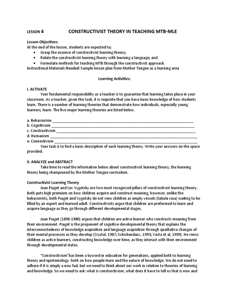 4 Constructivist Theory in Teaching Mtb-Mle | PDF | Constructivism ...