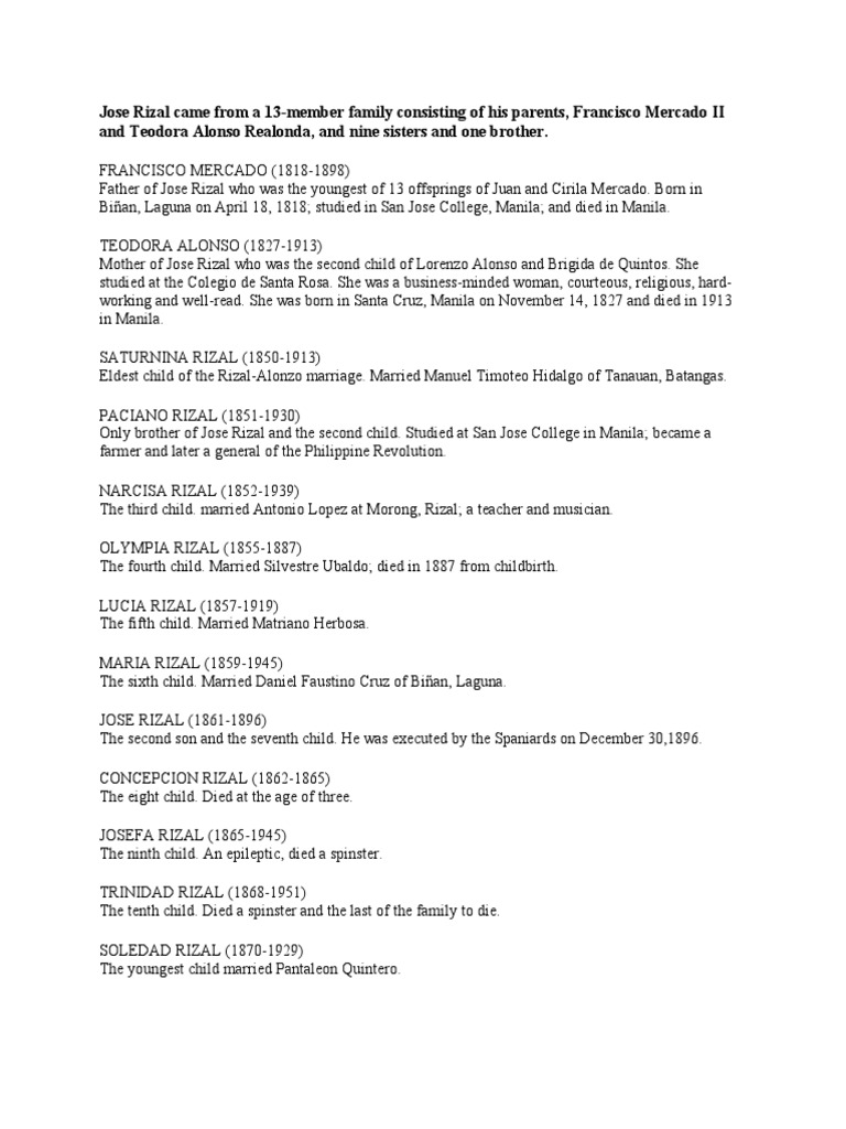 Jose Rizal Came From A 13-Member Family Consisting of His Parents ...