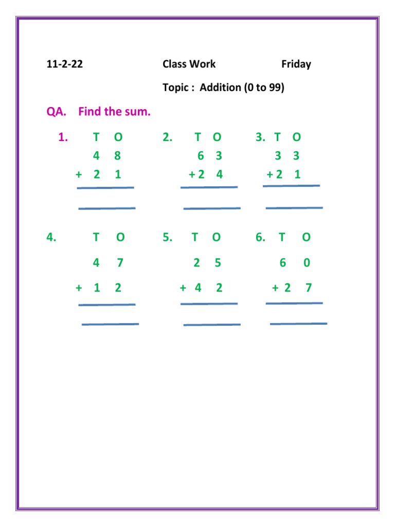 Maths Addition Revision Sheet CW (10!2!22) | PDF