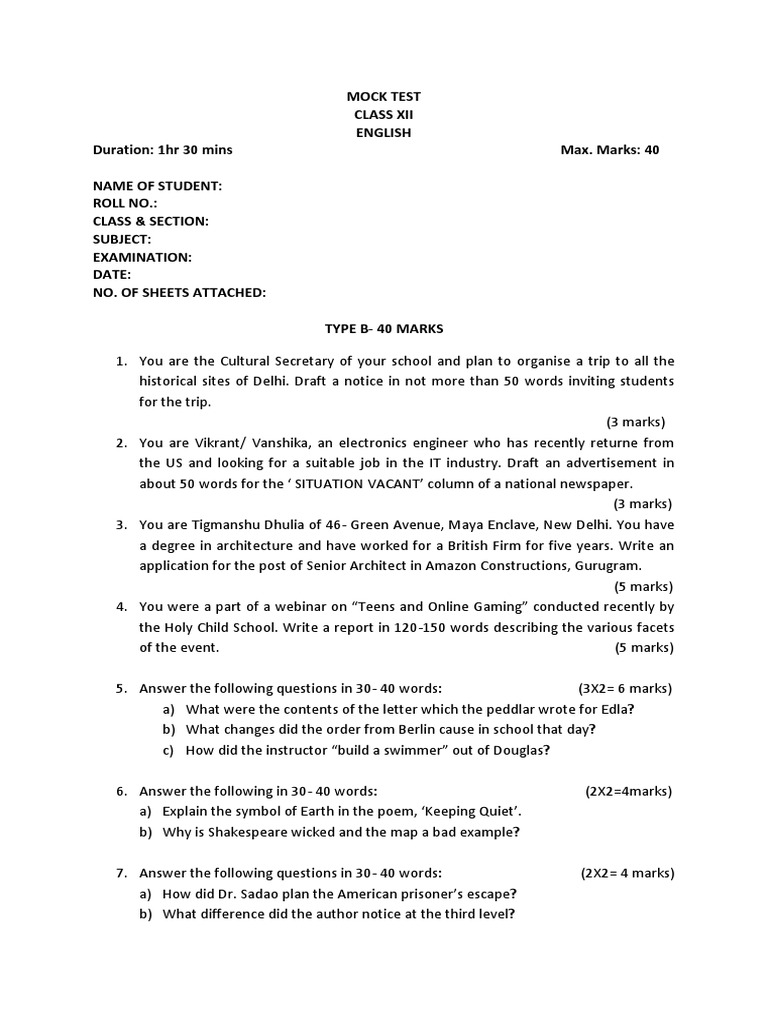 Mock Test for Class XII English Exam: Analysis of Questions Covering ...