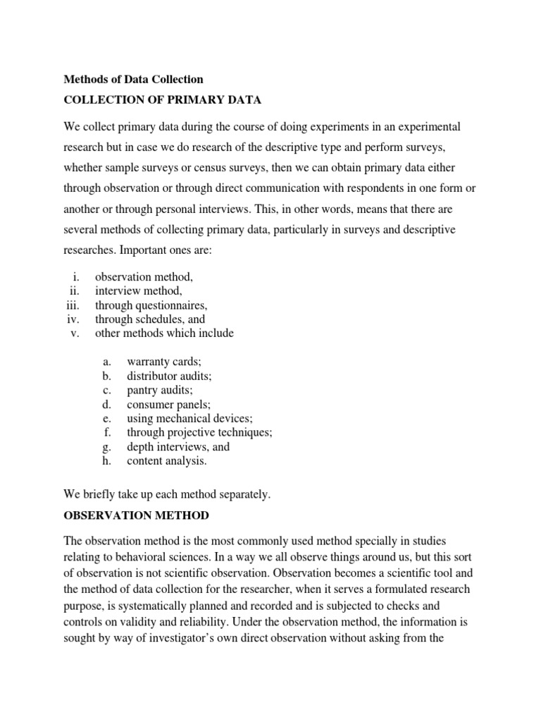 Methods of Data Collection Collection of Primary Data | PDF