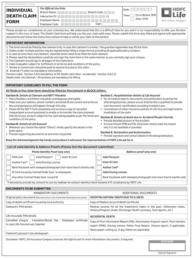 Individual Death Claim Form: Important Information | PDF | Identity Document | Insurance