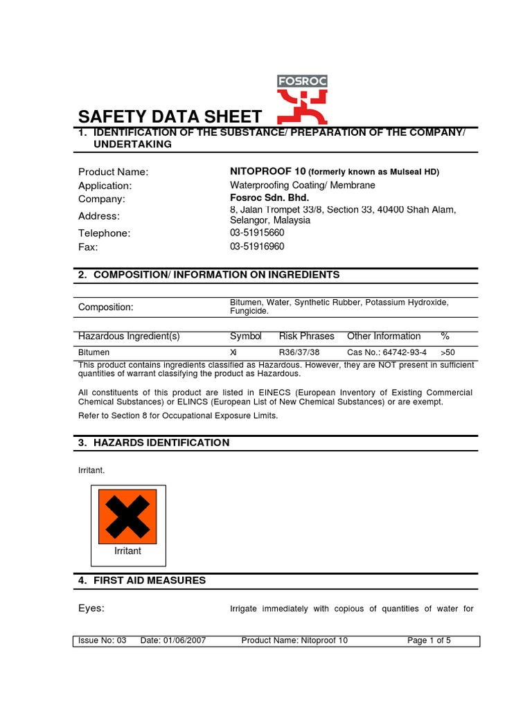 Safety Data Sheet for Nitoproof 10 Waterproofing Coating/Membrane | PDF ...