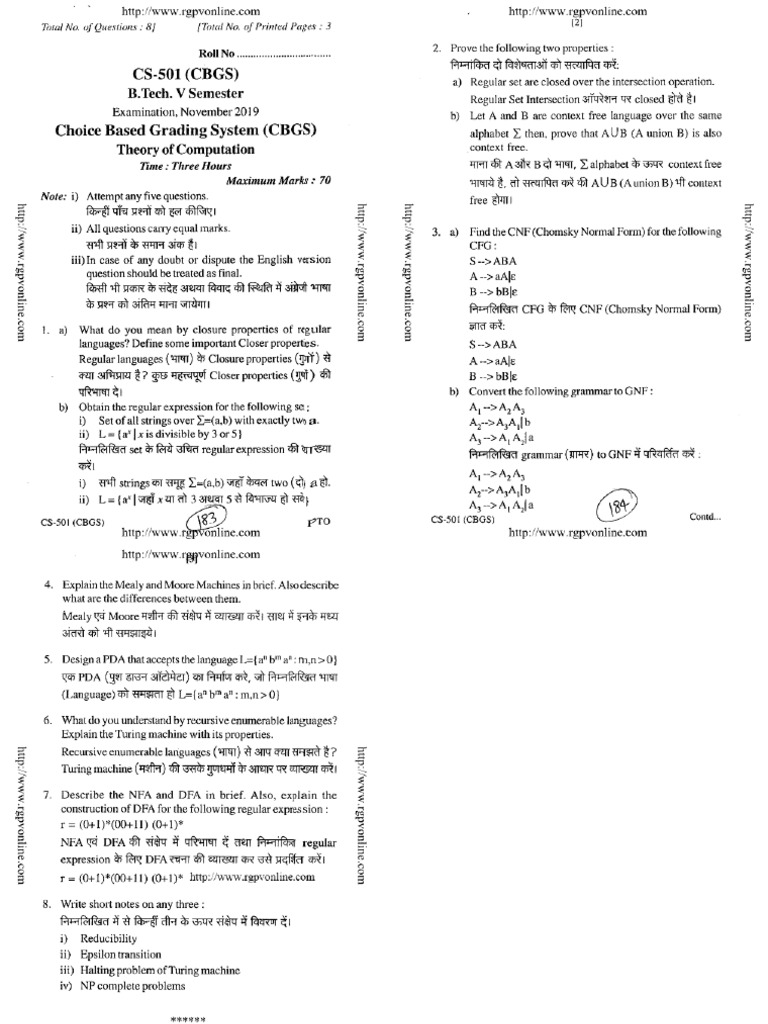 Cs 501 Theory of Computation Nov 2019 | PDF