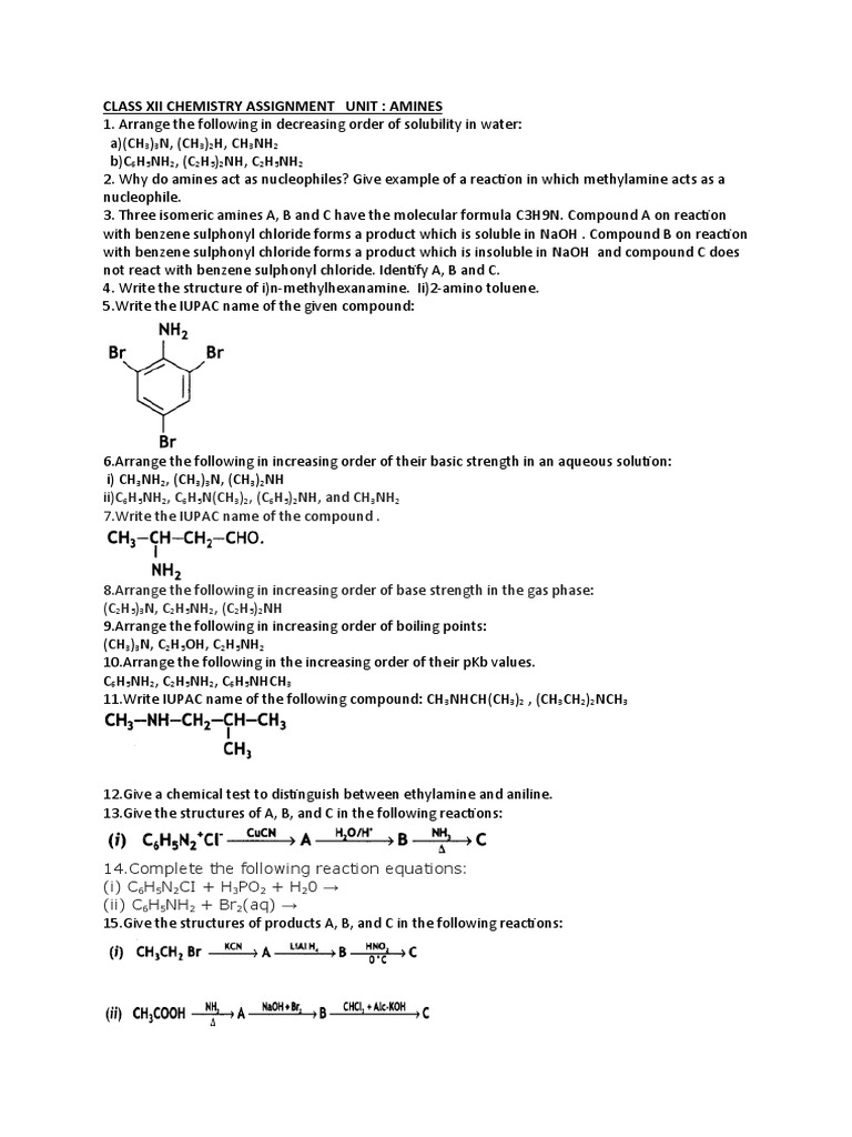 Class Xii Chemistry Assignment Unit: Amines | PDF | Amine | Materials