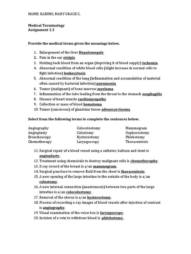 Medical Terminology Assignment 1.3 Provide The Medical Terms Given The ...