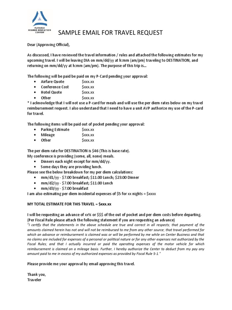 Sample Email For Travel Request: My Total Estimate For This Travel $XXX ...