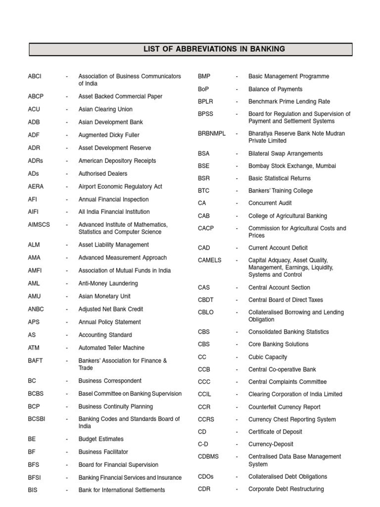 List of Abbreviations in Banking | PDF | Banks | Non Bank Financial ...