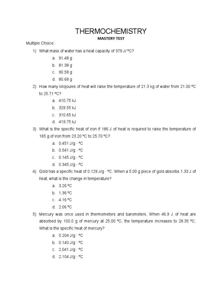Thermochemistry Mastery Test Questions | PDF | Nitrogen Dioxide | Oxygen